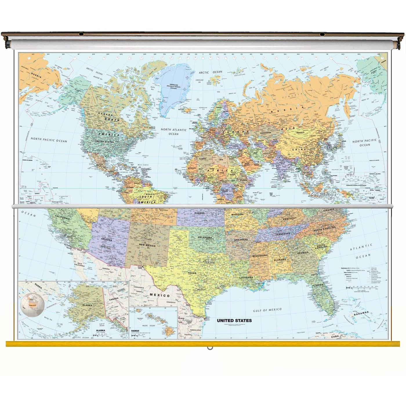 GeoMart | Turner Classic US/World Combo Classroom Pull Down Wall Map